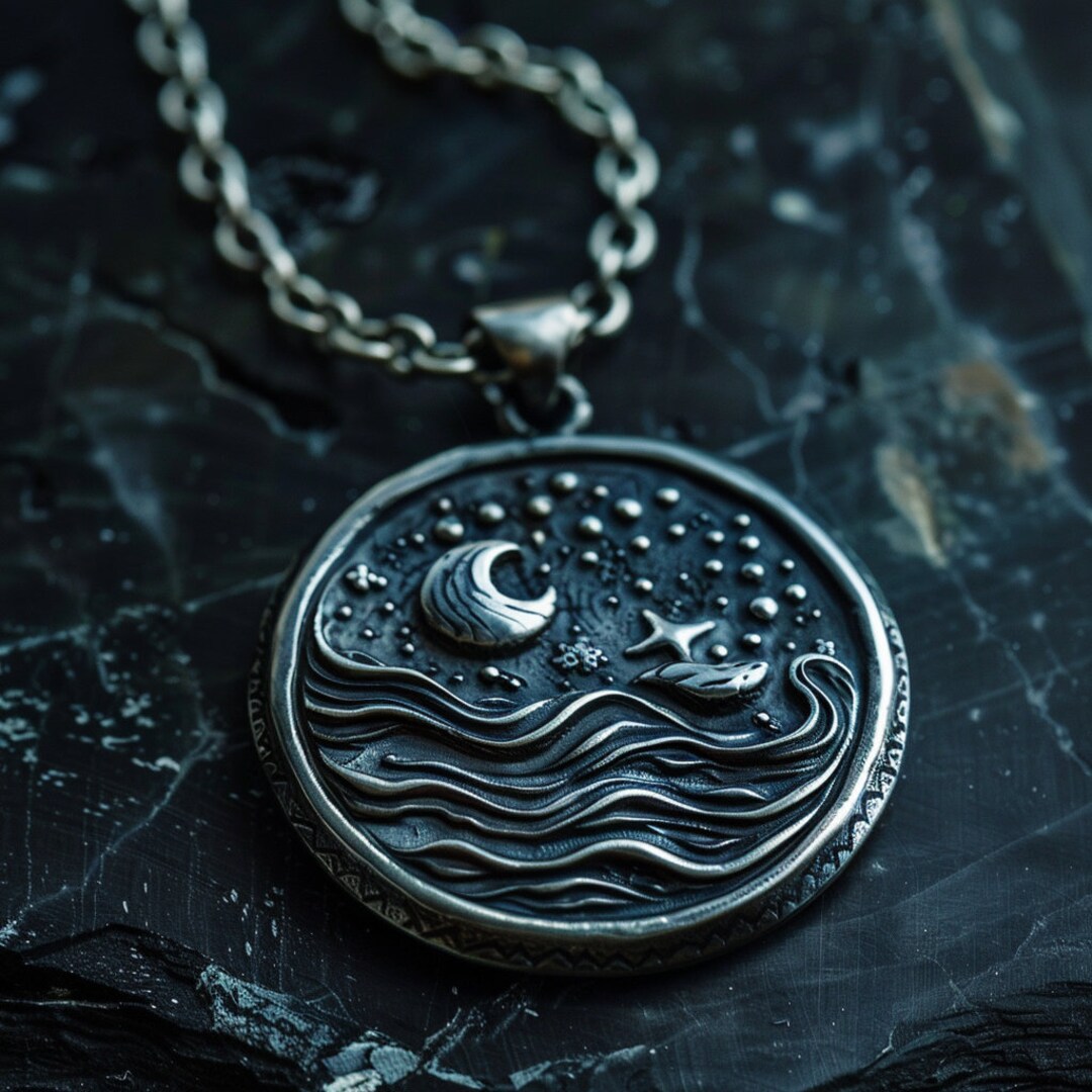 Celestial Scene Pendant Necklace Crescent Moon Stars Waves 925 Sterling ...