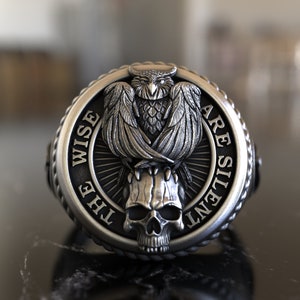 925 Silver Signet Owl Skull Design, Masonic Square & Compass Fusion ...