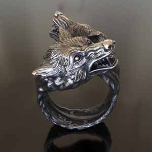 925 Sterling Silver Double Wolf Head Ring Handcrafted, Unisex, Symbol ...