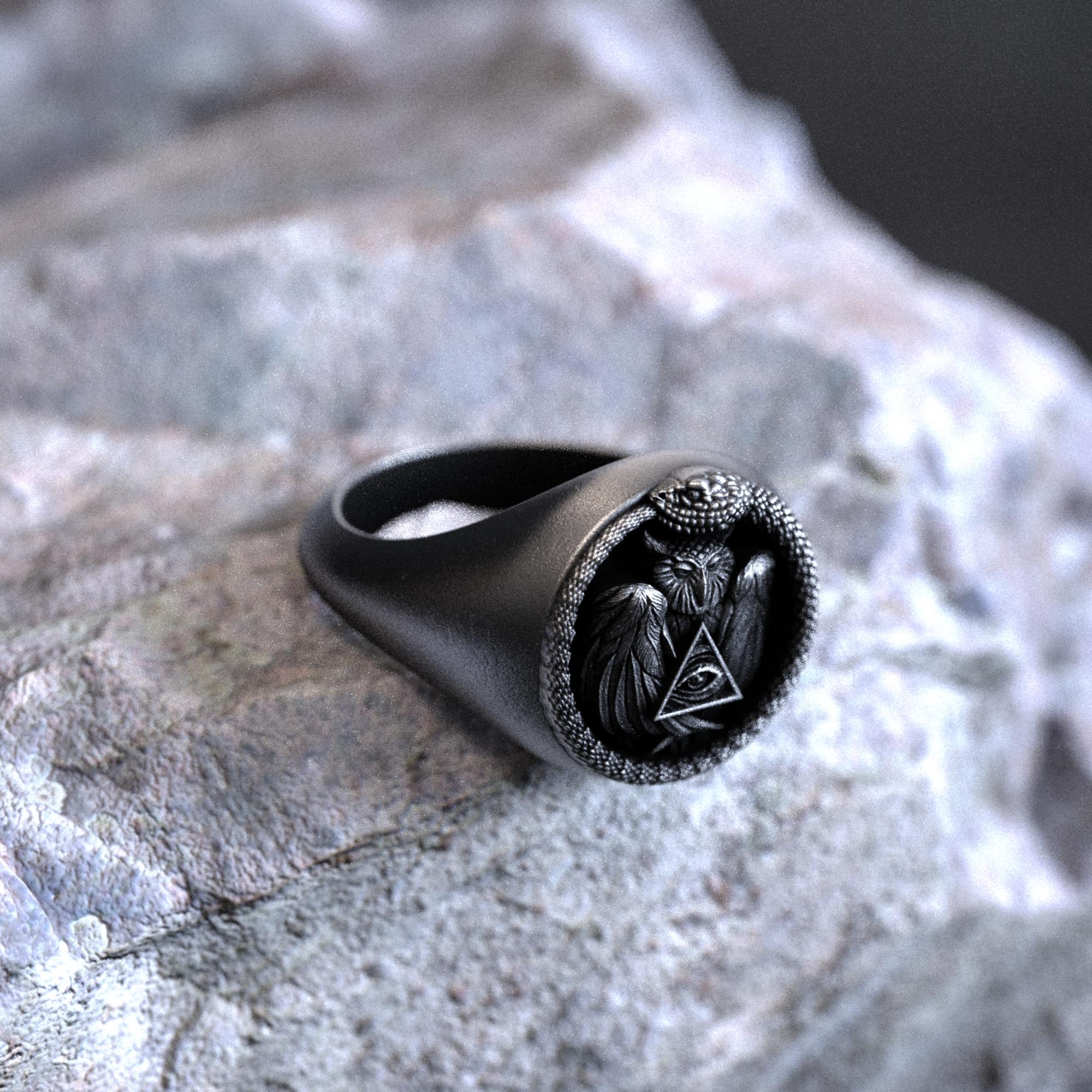 925 Silver Signet Ouroboros Snake, Owl, Masonic Eye of Providence ...