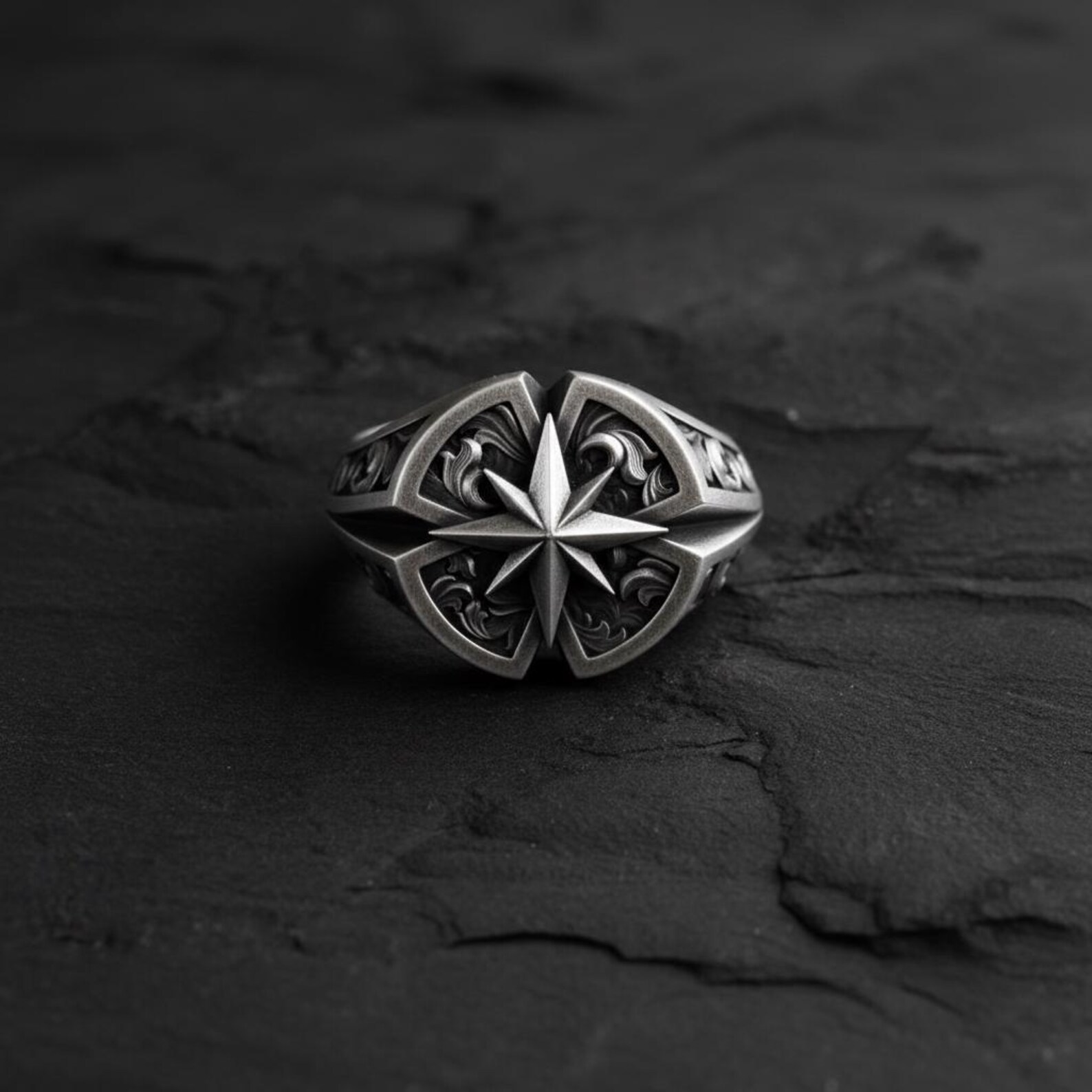 925 Sterling Silver Windrose Ring – North Star Compass Traveler Signet ...