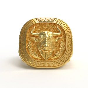 Gold Bull Ring With Greek Ornament - Handcrafted Symbol of Strength ...