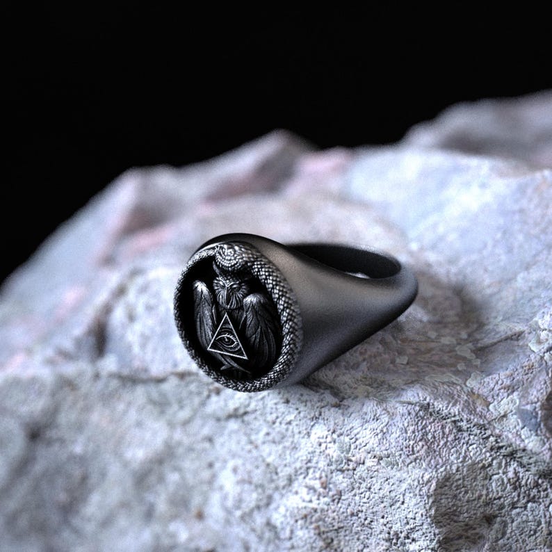 925 Silver Signet Ouroboros Snake, Owl, Masonic Eye of Providence ...