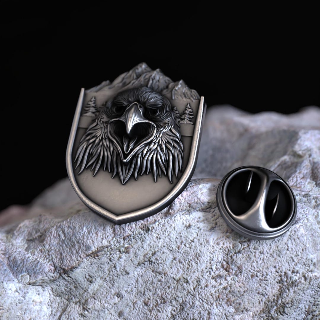 Majestic Eagle Head Lapel Pin Shield Design Sterling Silver 925 Unique ...