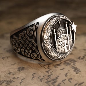 Allah Signet Ring - 925 Sterling Silver, Islamic Mosque Dome & Minarets ...