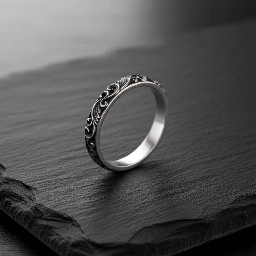 Men's Wedding Band: Carved Leaf Design - Oxidized Sterling Silver - Etsy