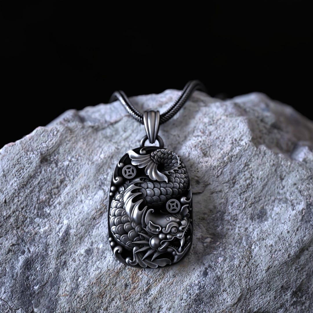 925 Sterling Silver Dragon Koi Fish Pendant Necklace, Japanese Inspired ...