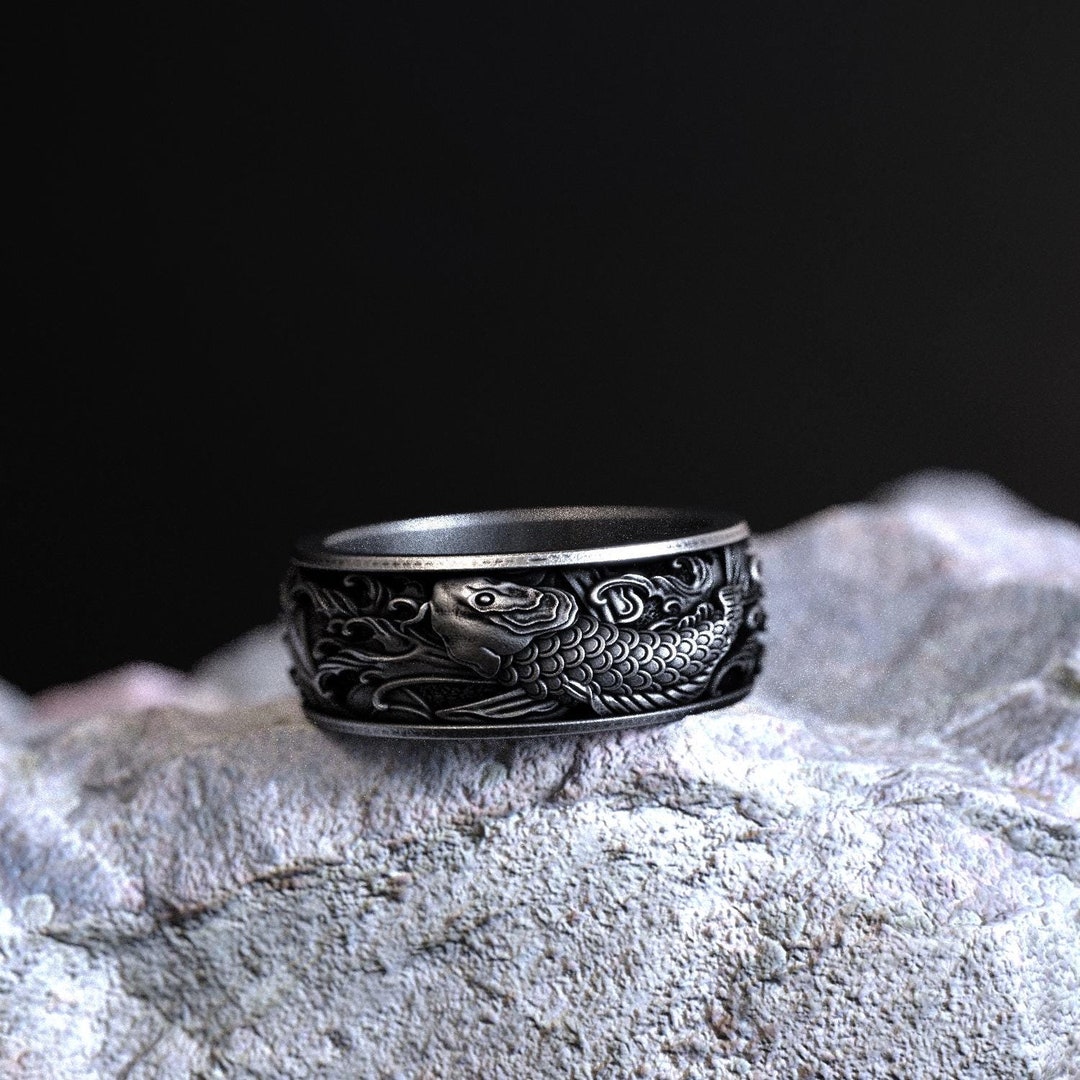 Carp and Waves With Two Koi Fish Silver Men Band, Silver Ornament Ring ...
