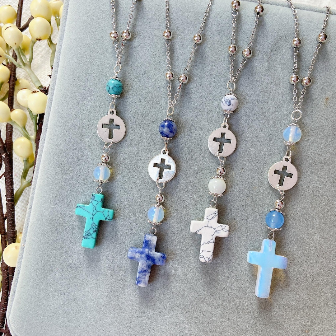 Natural Stone Cross Rear View Mirror Car Charm, Gemstone Beaded Cross ...