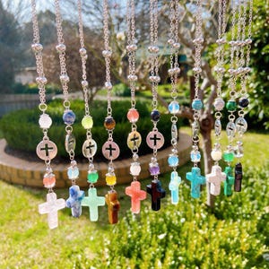 Natural Stone Cross Rear View Mirror Car Charm, Gemstone Beaded Cross ...