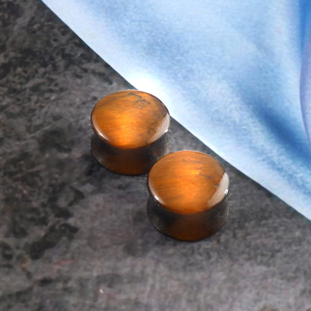 Natural Real Tiger Eye Gemstone Plugs Double - Flare Gauges Size 8g to ...