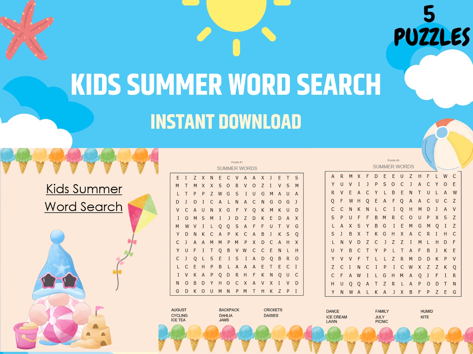 Kids Summer Word Search Printable Activity Etsy