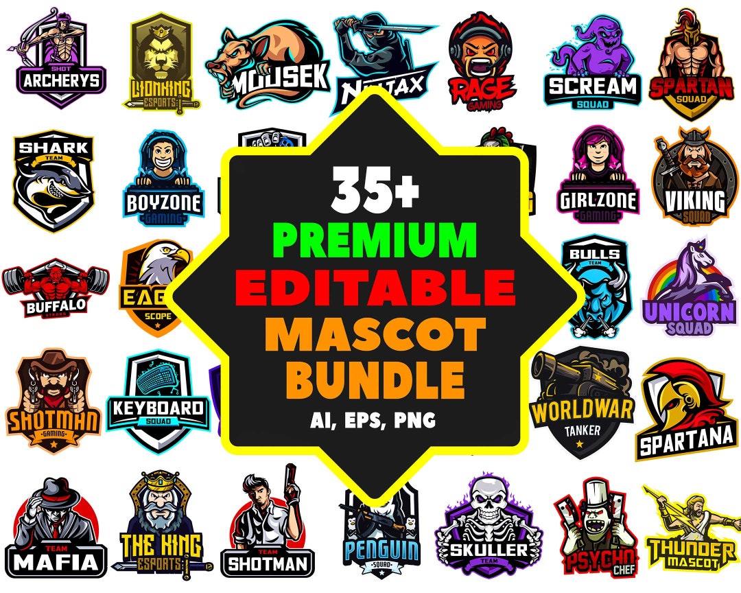Editable Mascot Logo Bundle: Gaming & School Team Designs (AI, EPS, PNG ...