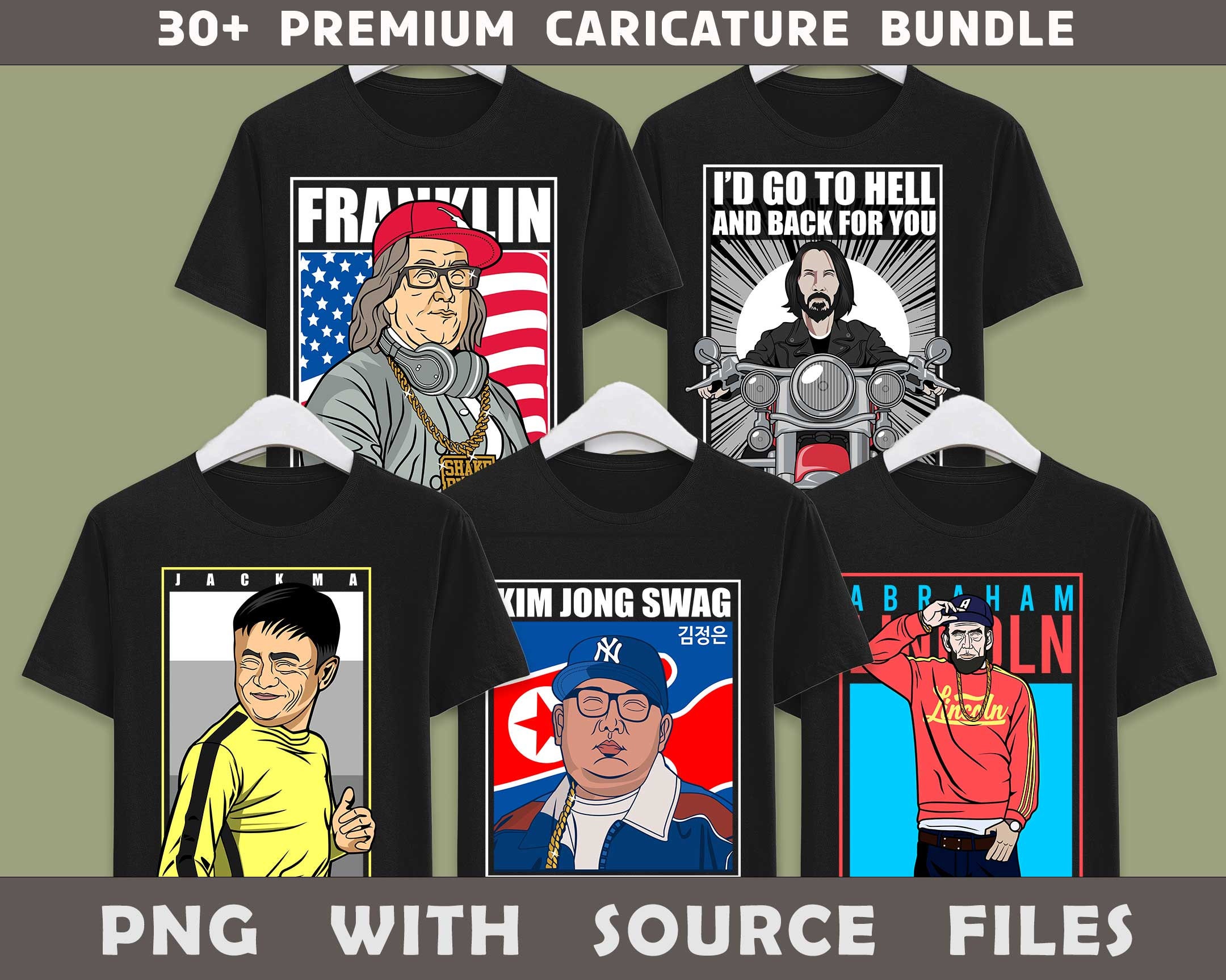 Caricature T-shirt Designs: PNG Bundle for Stickers, Hoodies (digital ...