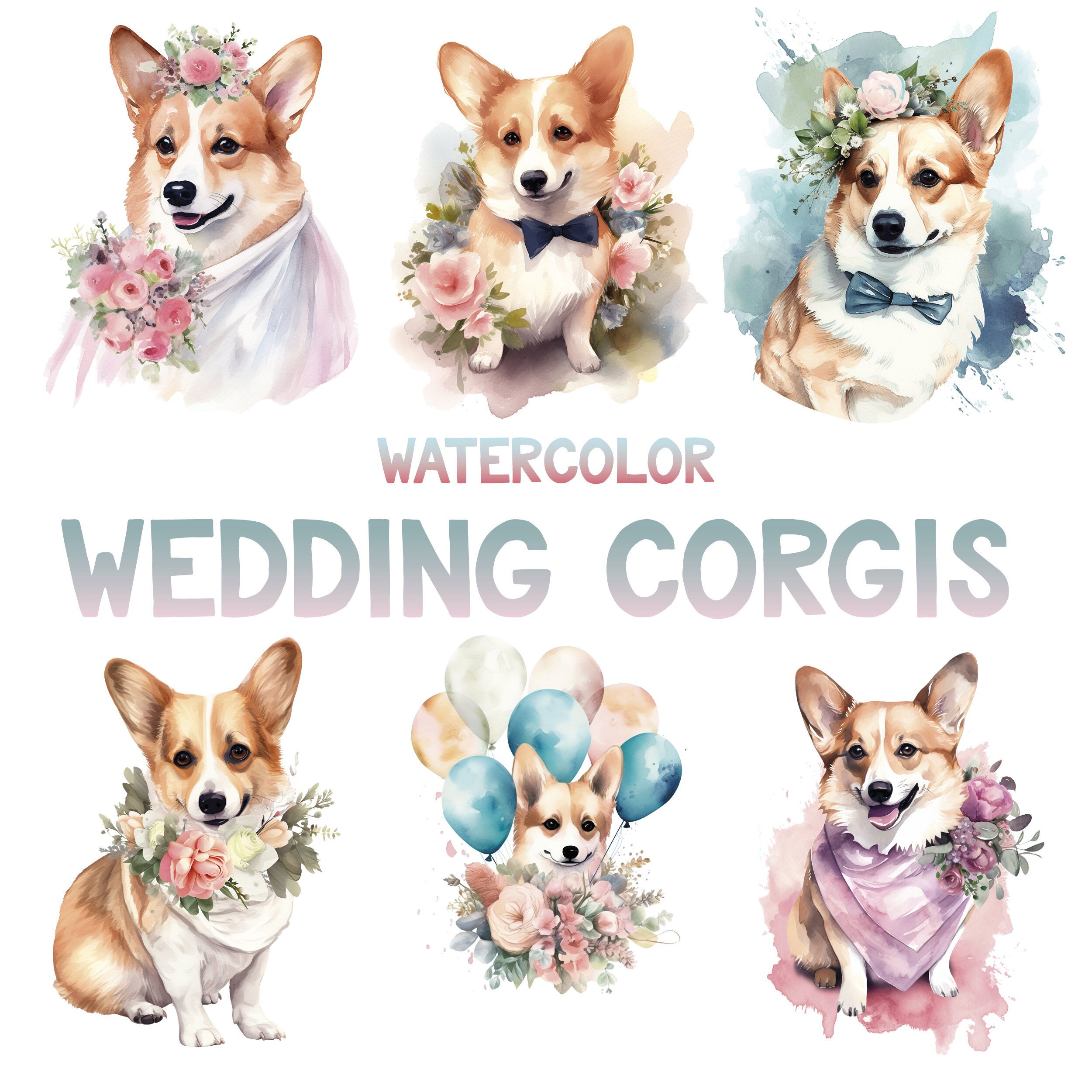 Wedding Corgi Watercolor, Corgi PNG, Watercolor Clipart, Ideal for ...