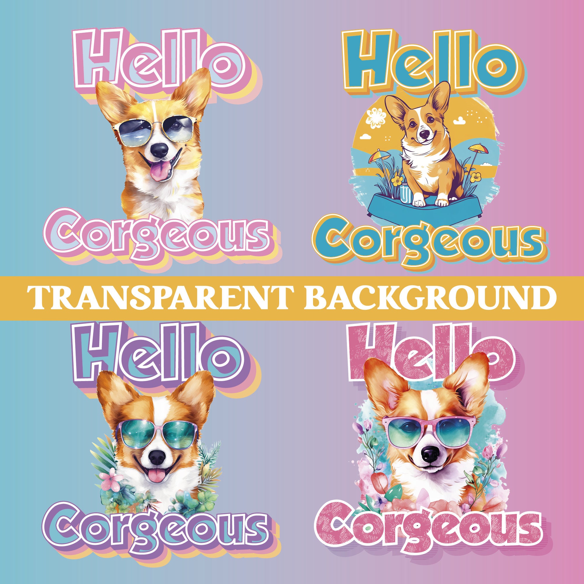 Corgi PNG Summer Corgi Watercolor Clipart Hello Corgeous - Etsy