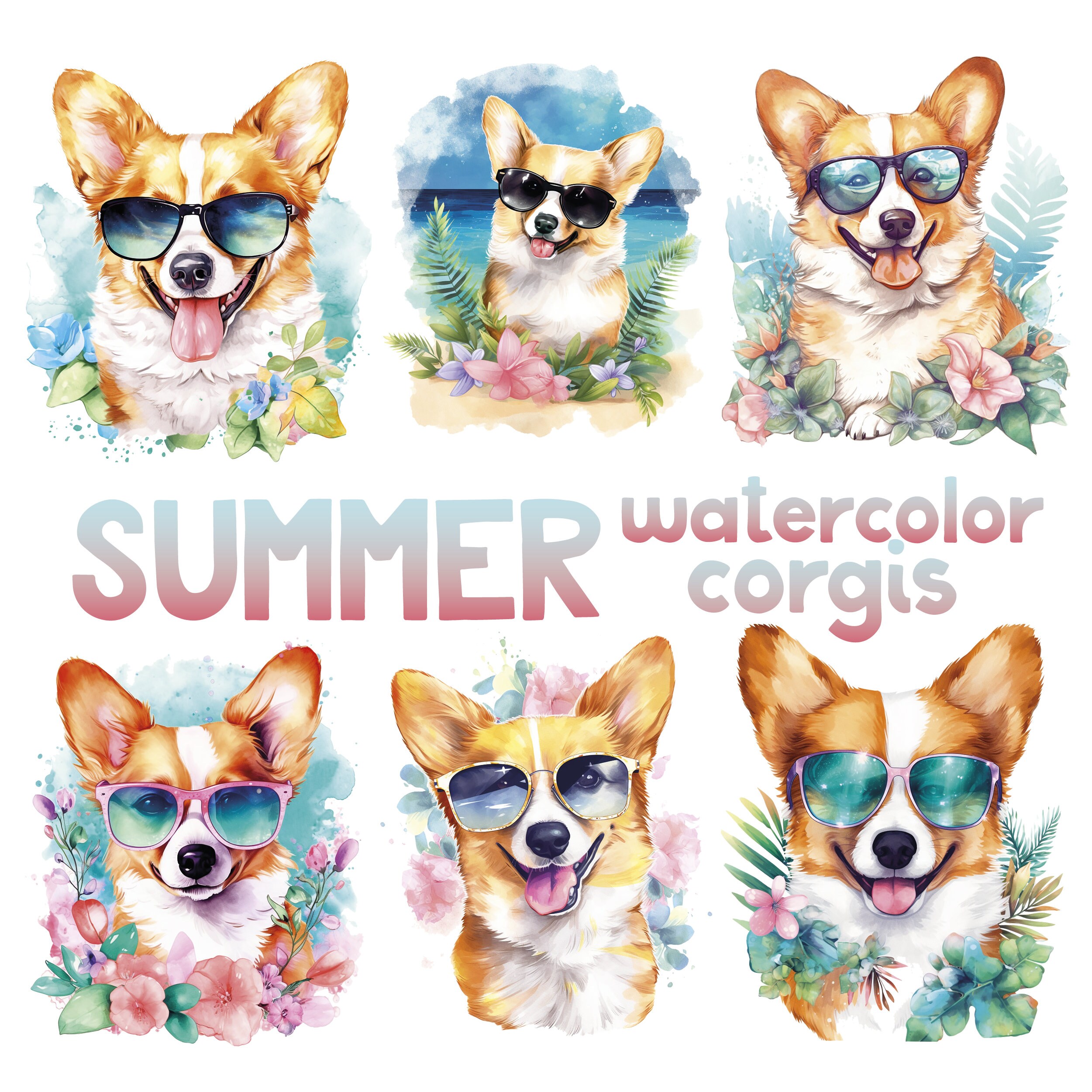 Corgi PNG Summer Corgi Watercolor Clipart Digital Download - Etsy