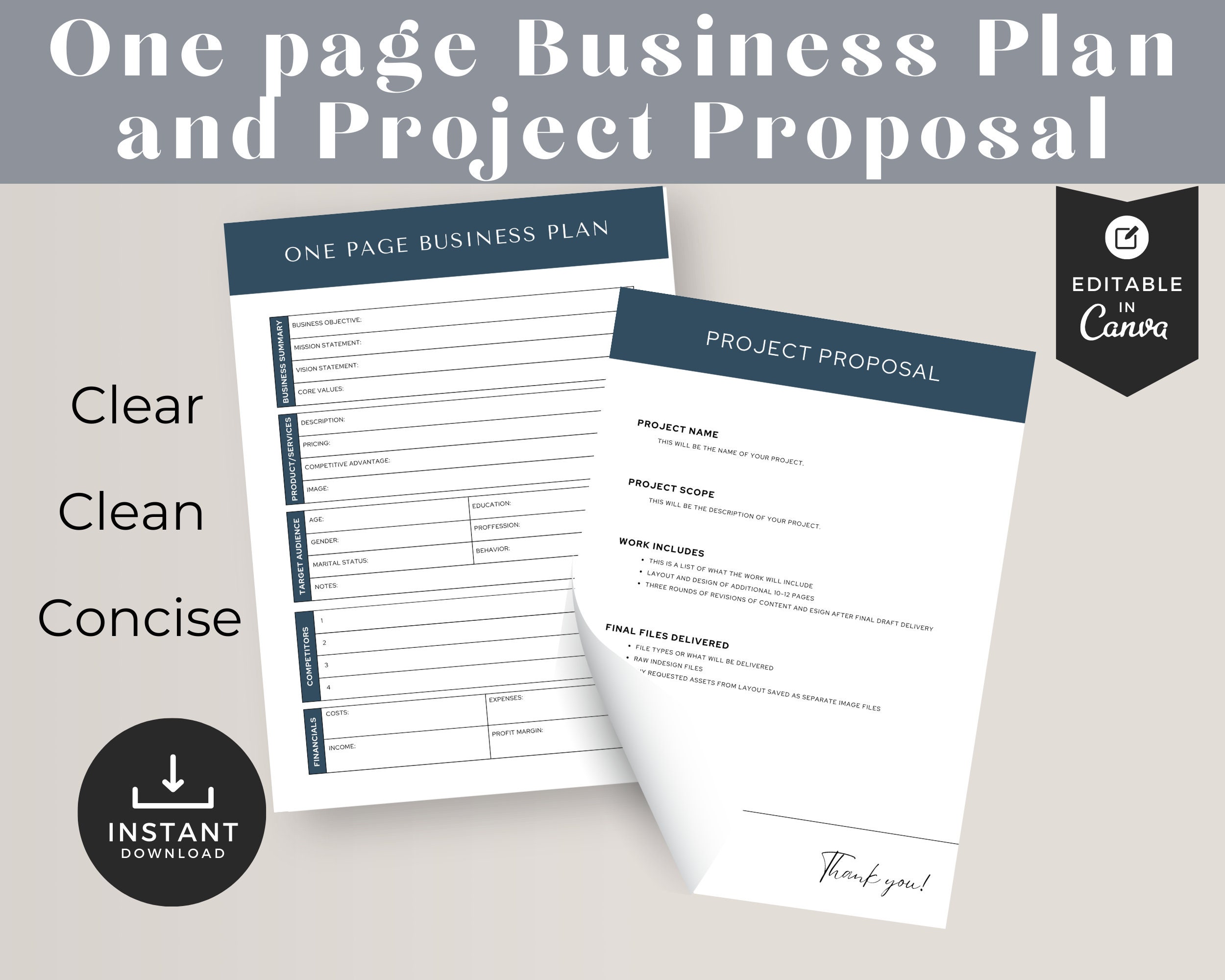 One Page Business Plan Template Project Proposal INSTANT DOWNLOAD Small ...