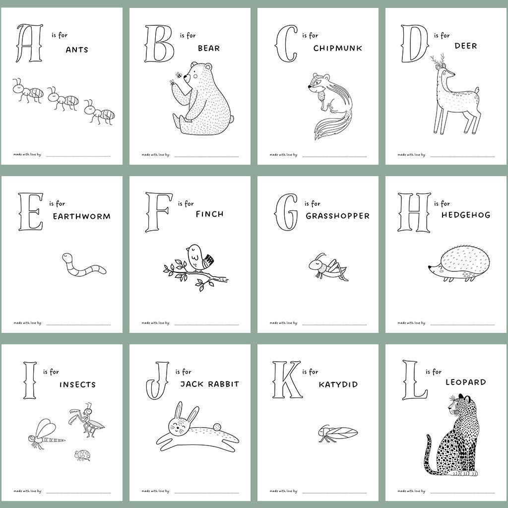 ABC Book Baby Shower Activity, Woodland Animals, Alphabet Coloring Page ...