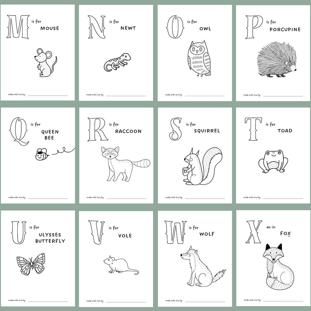 ABC Book Baby Shower Activity, Woodland Animals, Alphabet Coloring Page ...