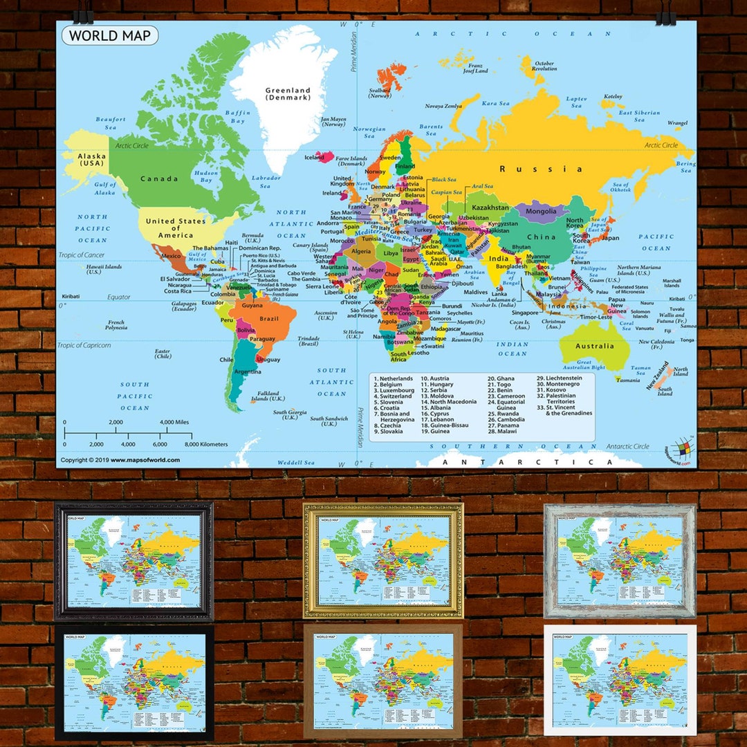 World Map All Countries Poster Frame Multiple Sizes A0-A5 121 - Etsy