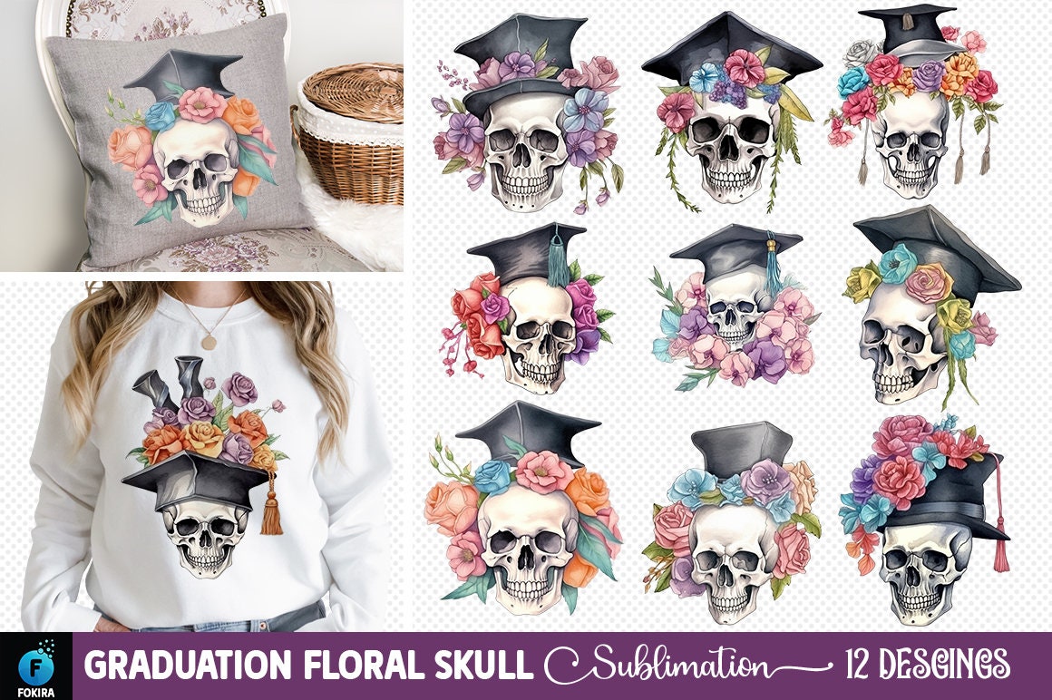 Graduation Floral Skull, Floral Skull Sublimation, Graduation Skull ...