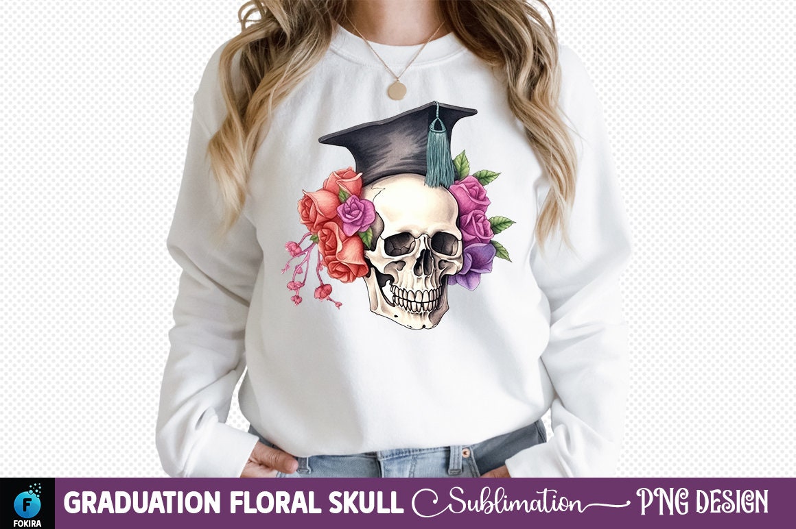 Graduation Floral Skull, Floral Skull Sublimation, Graduation Skull ...