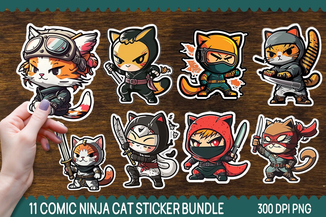 Comic Ninja Cat Sticker Bundle, Comic Ninja Cat Sticker Bundle, Comic ...