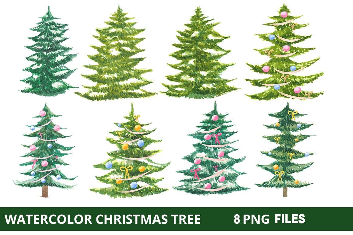 Watercolor Christmas Tree Png Bundle, Christmas Tree Png, Hand Drawing ...