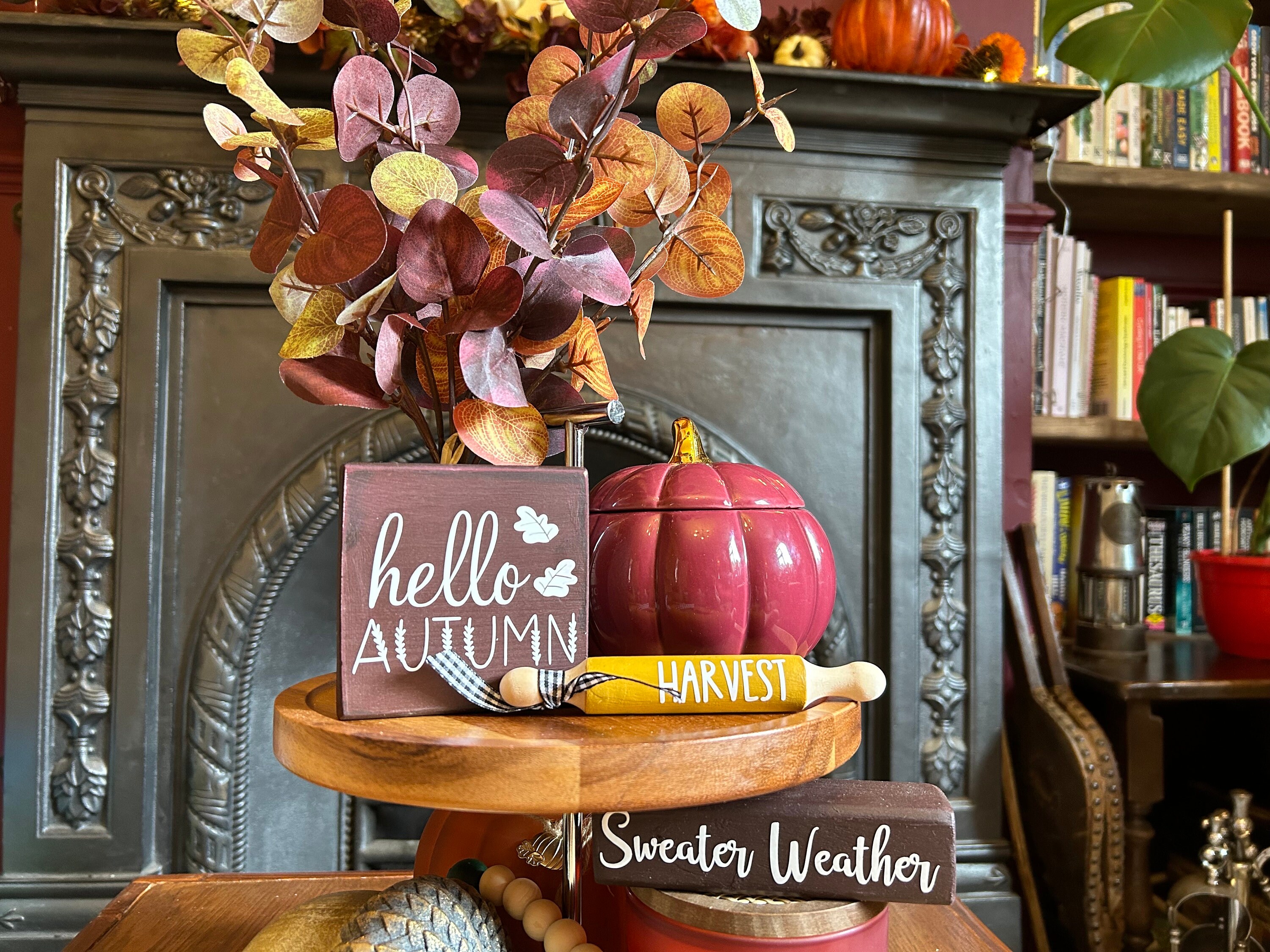 Hello Autumn Tiered Tray Decor, Fall Wood Bead Garland , Harvest Sign ...