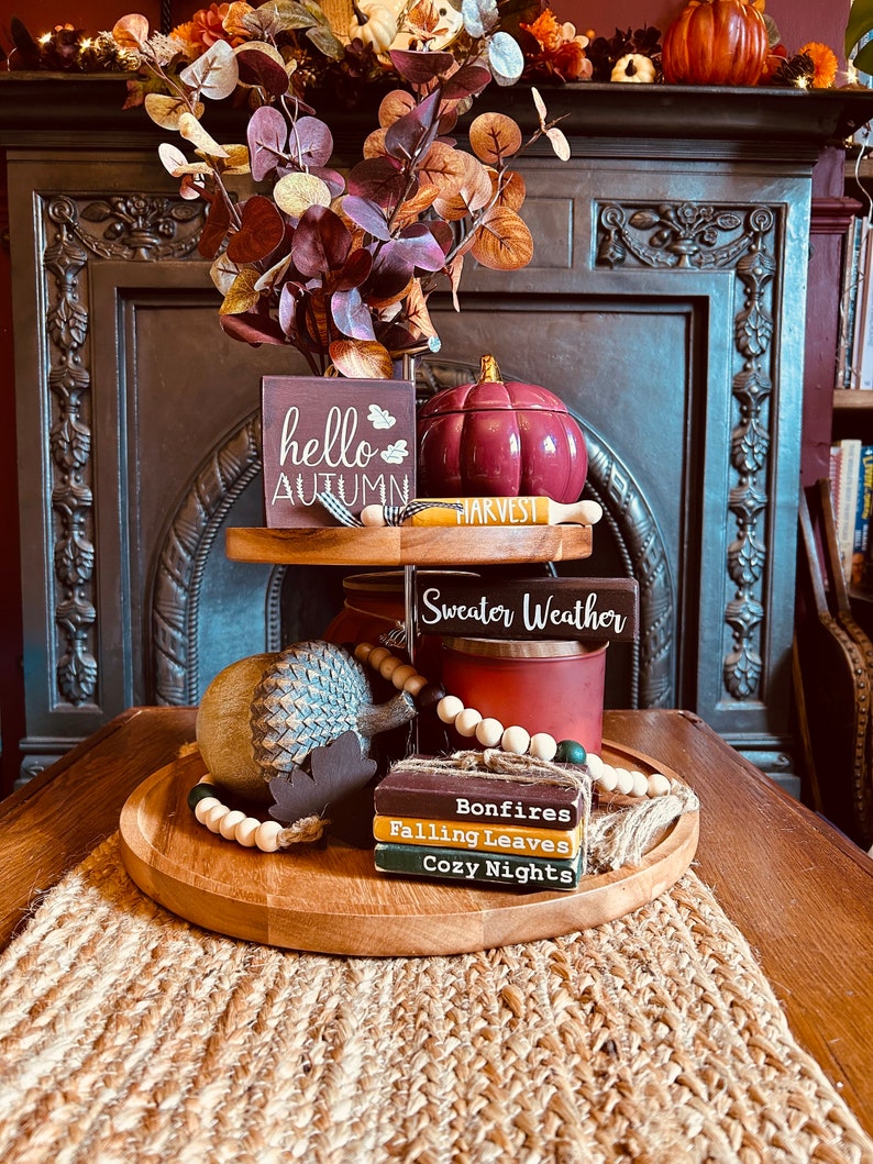 Hello Autumn Tiered Tray Decor, Fall Wood Bead Garland , Harvest Sign ...