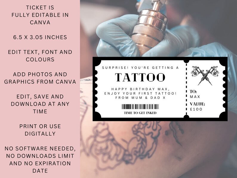Editable Tattoo Fake Gift Voucher Ticket Canva Template - Etsy