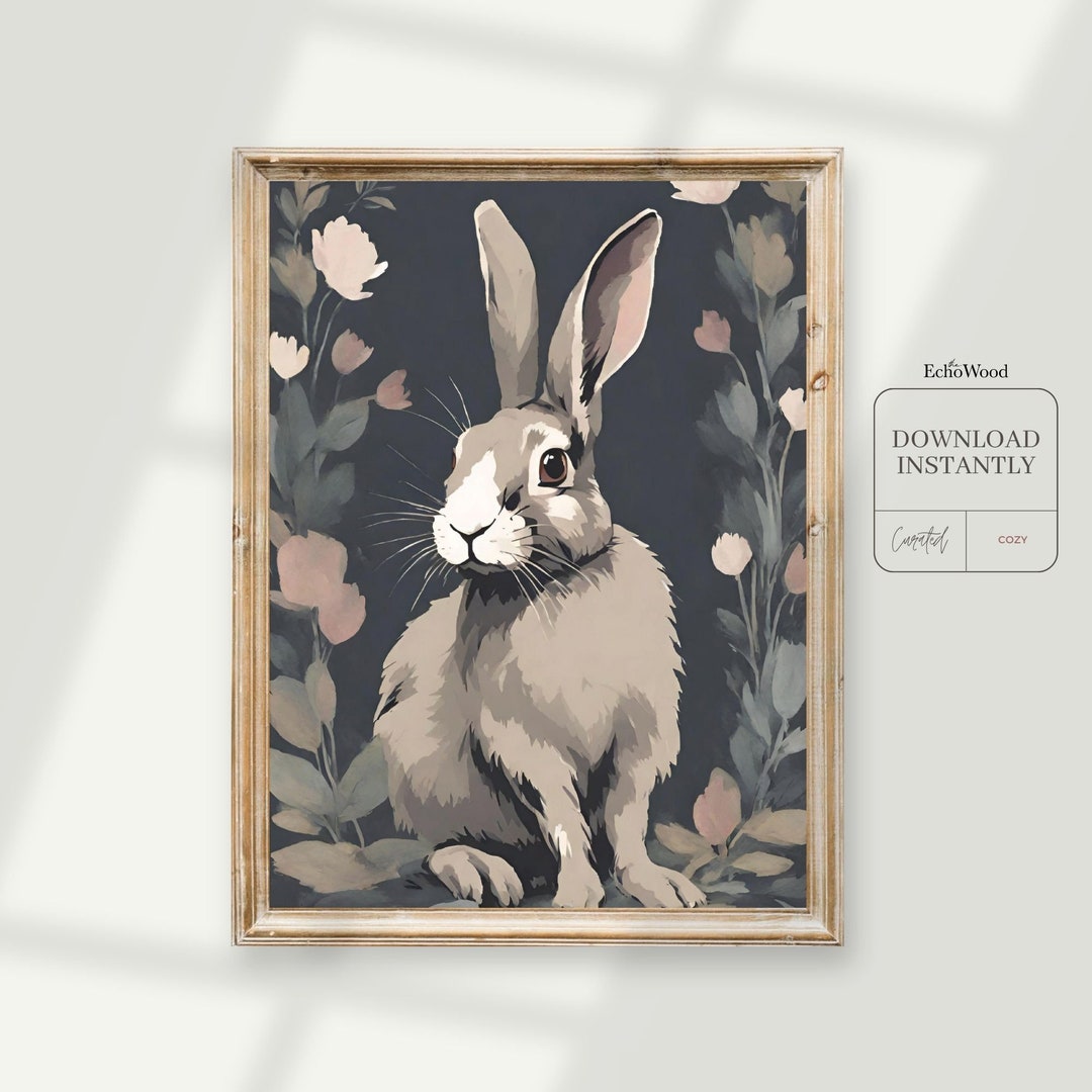 Rustic Rabbit Portrait Art Print, Shabby Chic Woodland Creature, Flora ...