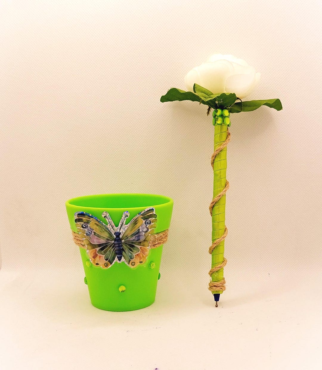 Lime Green Flower Pen Set: Butterfly Pot, Handmade Desk Decor - Etsy