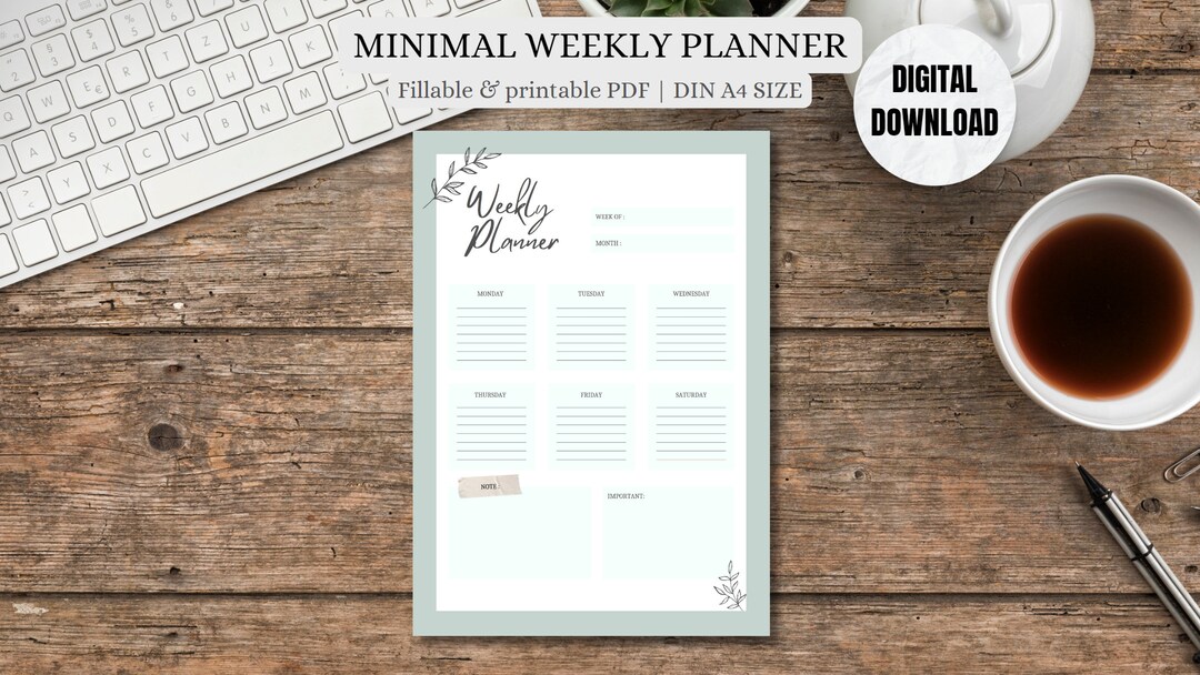 Weekly Planner, Digital Download, Fillable and Printable PDF DIN A4 ...