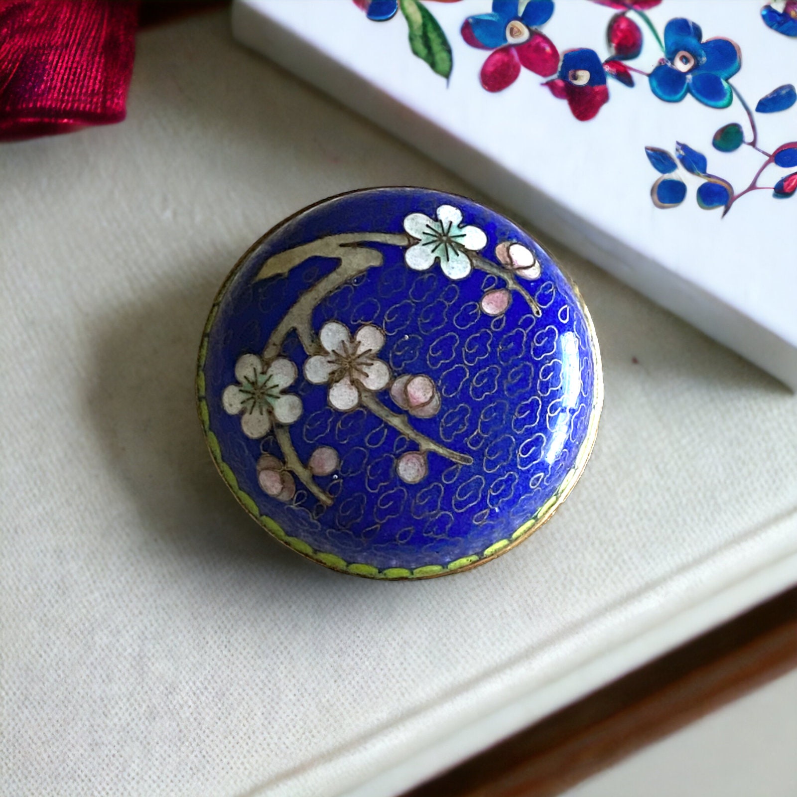 Antique Chinese Cloisonné Seal Paste Box, Round Enameled Box, Trinket ...