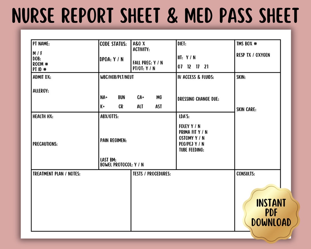 Nurse Report Sheet Med Pass Sheet Nurse Brain Sheet Patient - Etsy