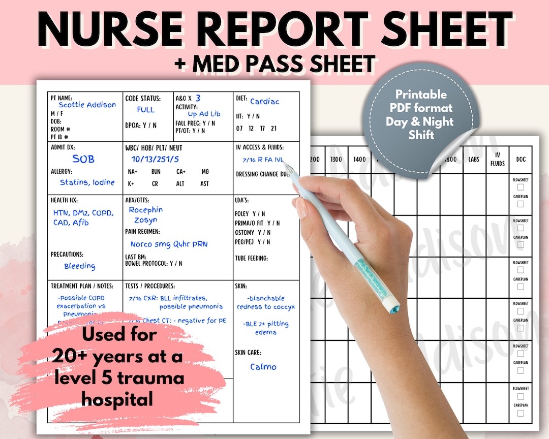 Nurse Report Sheet Med Pass Sheet Nurse Brain Sheet Patient - Etsy