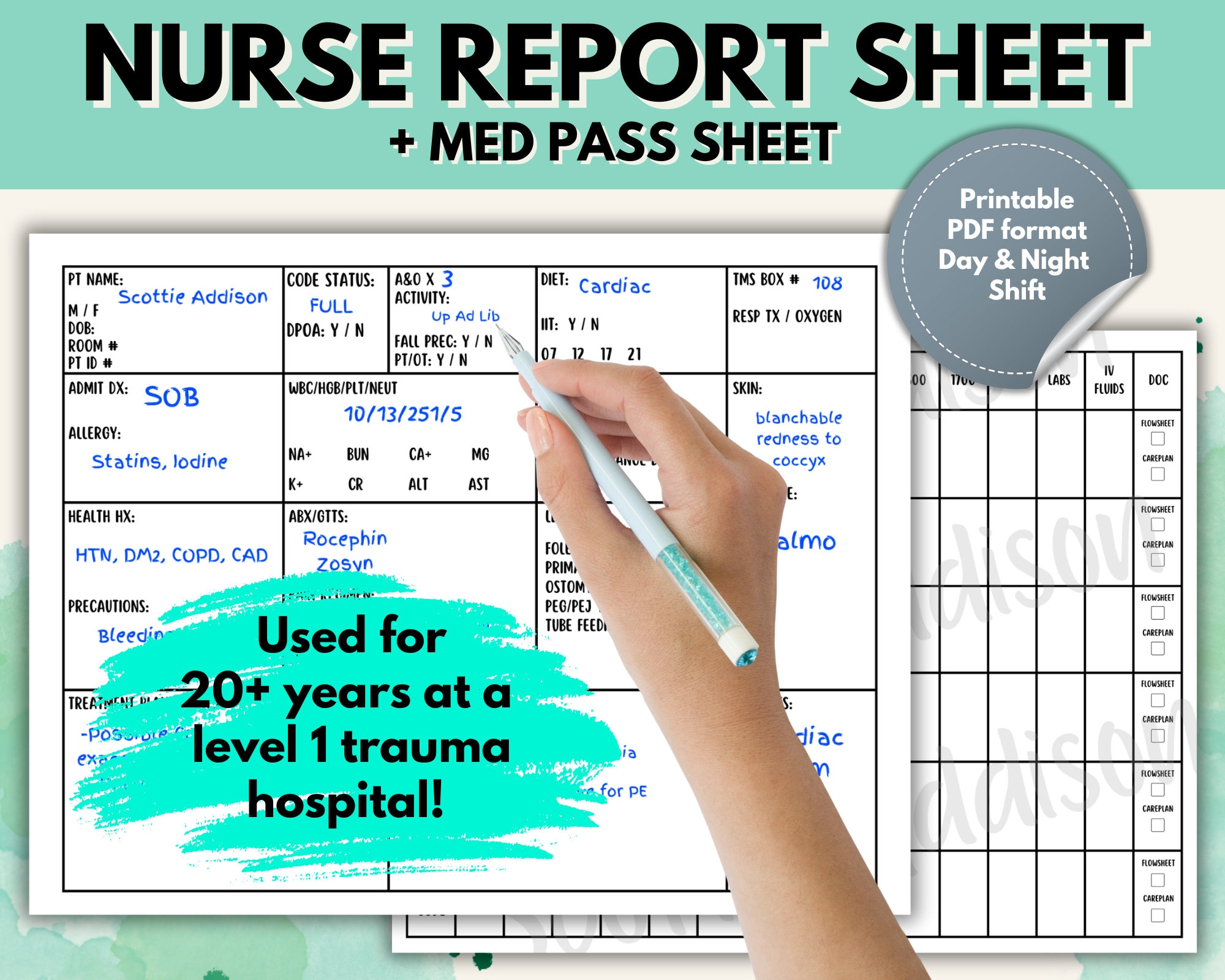 Nurse Report Sheet Med Pass Sheet Nurse Brain Sheet Patient Etsy