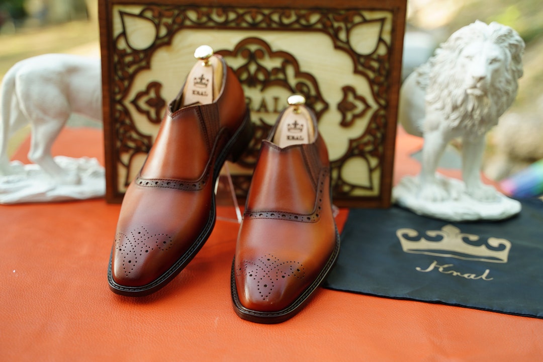 Mens Loafers Brogue Leather Handmade Customized Brown Loafers Luxury ...