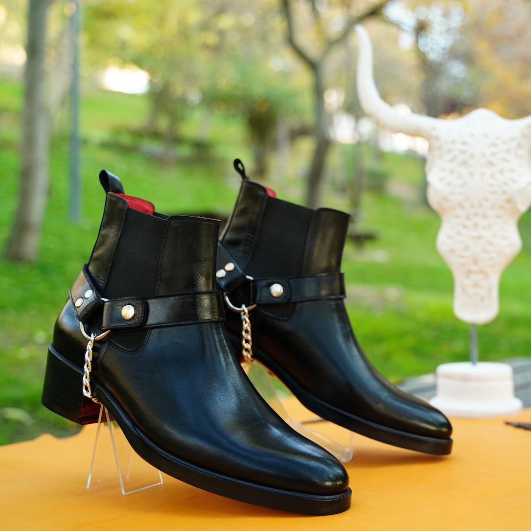 Black Chelsea Harness Boot Men Boot With Chain Custom Men Boot Cowboy ...