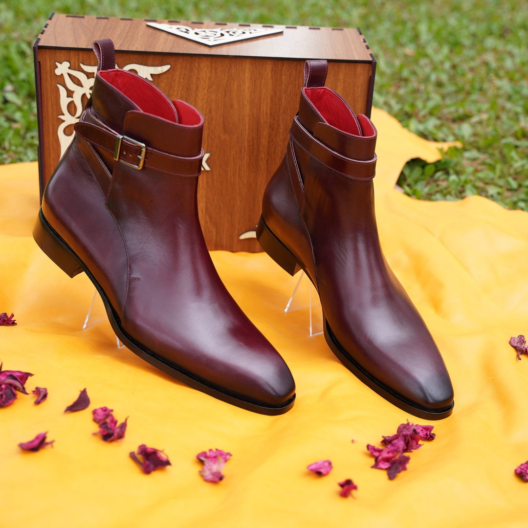 Burgundy Leather Single Monk Strap Ankle Men's Boot-chelsea Men Boot ...