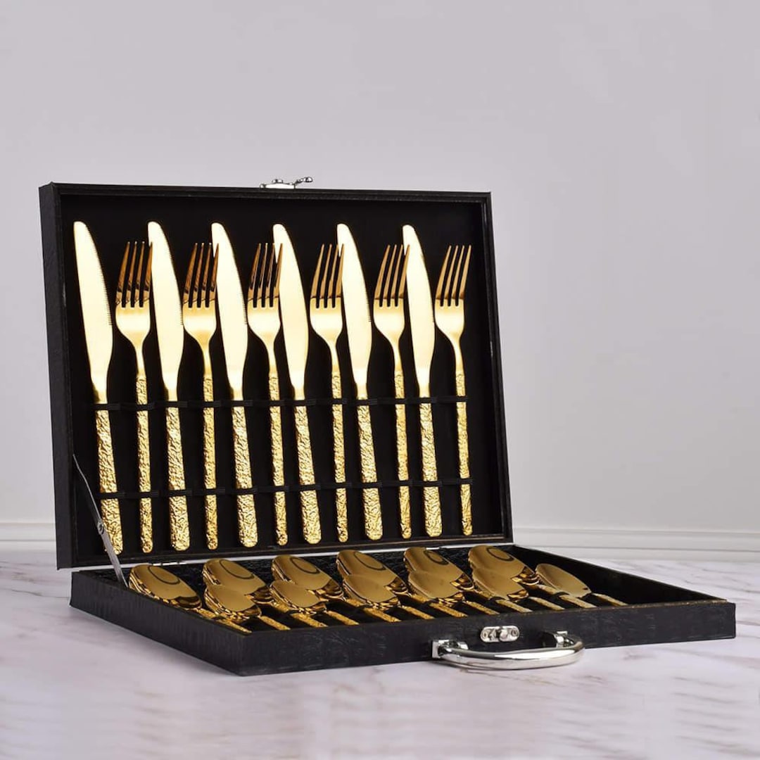 Royal Cutlery Set With Box Handcraft Handle Gold Plated - Etsy