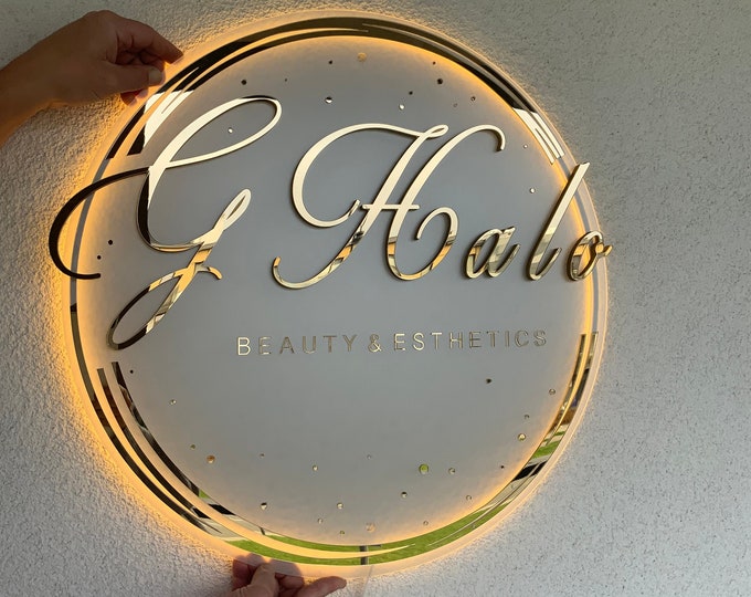 Salon Sign Light Up, Business Name, Acrylic Mirror Gold Logo - Etsy