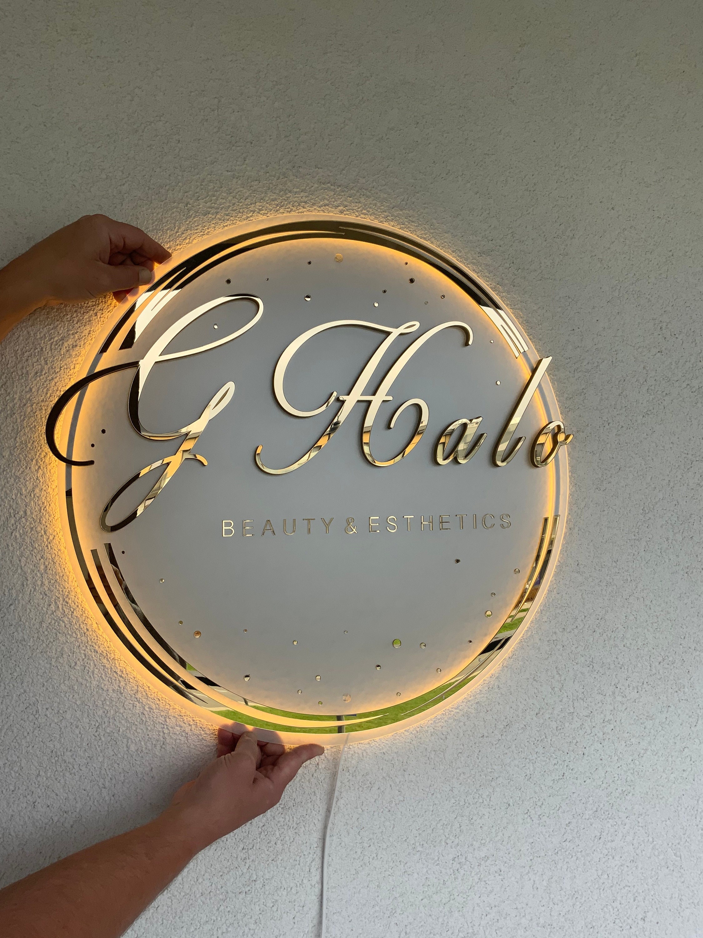 Salon Sign Light Up, Business Name, Acrylic Mirror Gold Logo - Etsy