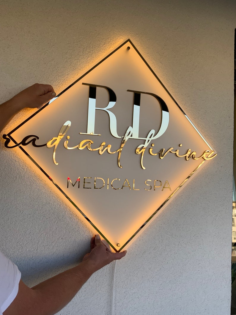 Business Name, Mirror Gold Logo Light Up, Acrylic Mirror Gold Sign - Etsy