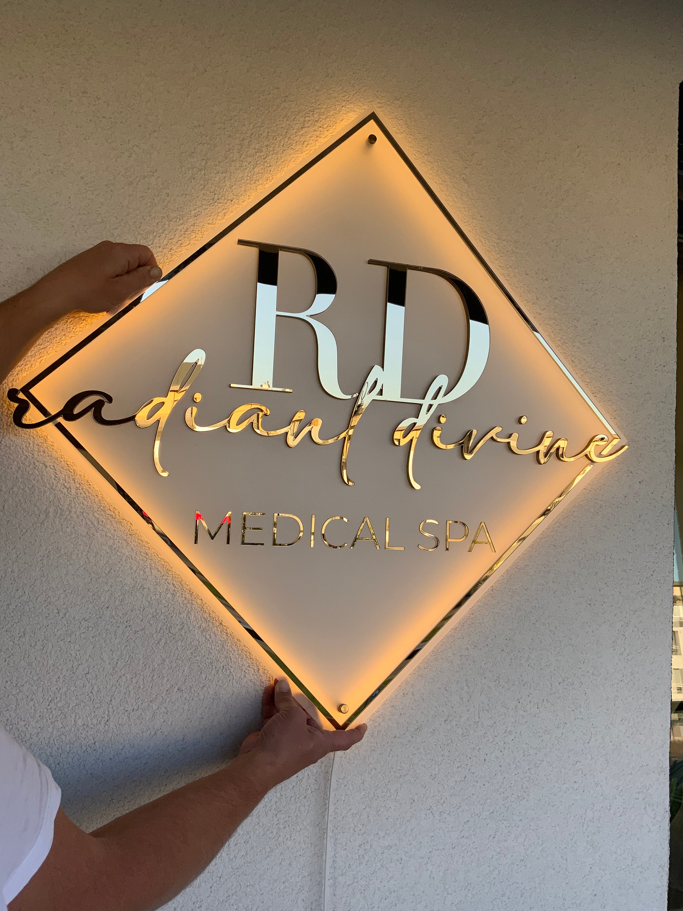 Business Name, Mirror Gold Logo Light Up, Acrylic Mirror Gold Sign - Etsy