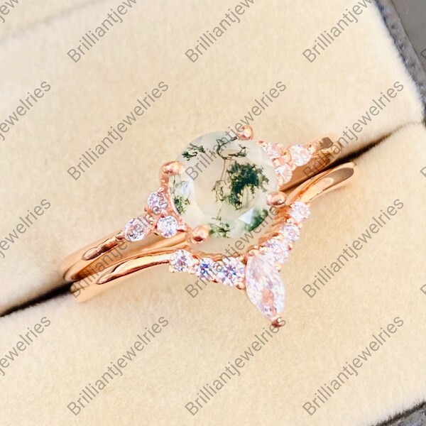 Vintage Round Moss Agate Engagement Ring Set Rose Gold Ring - Etsy