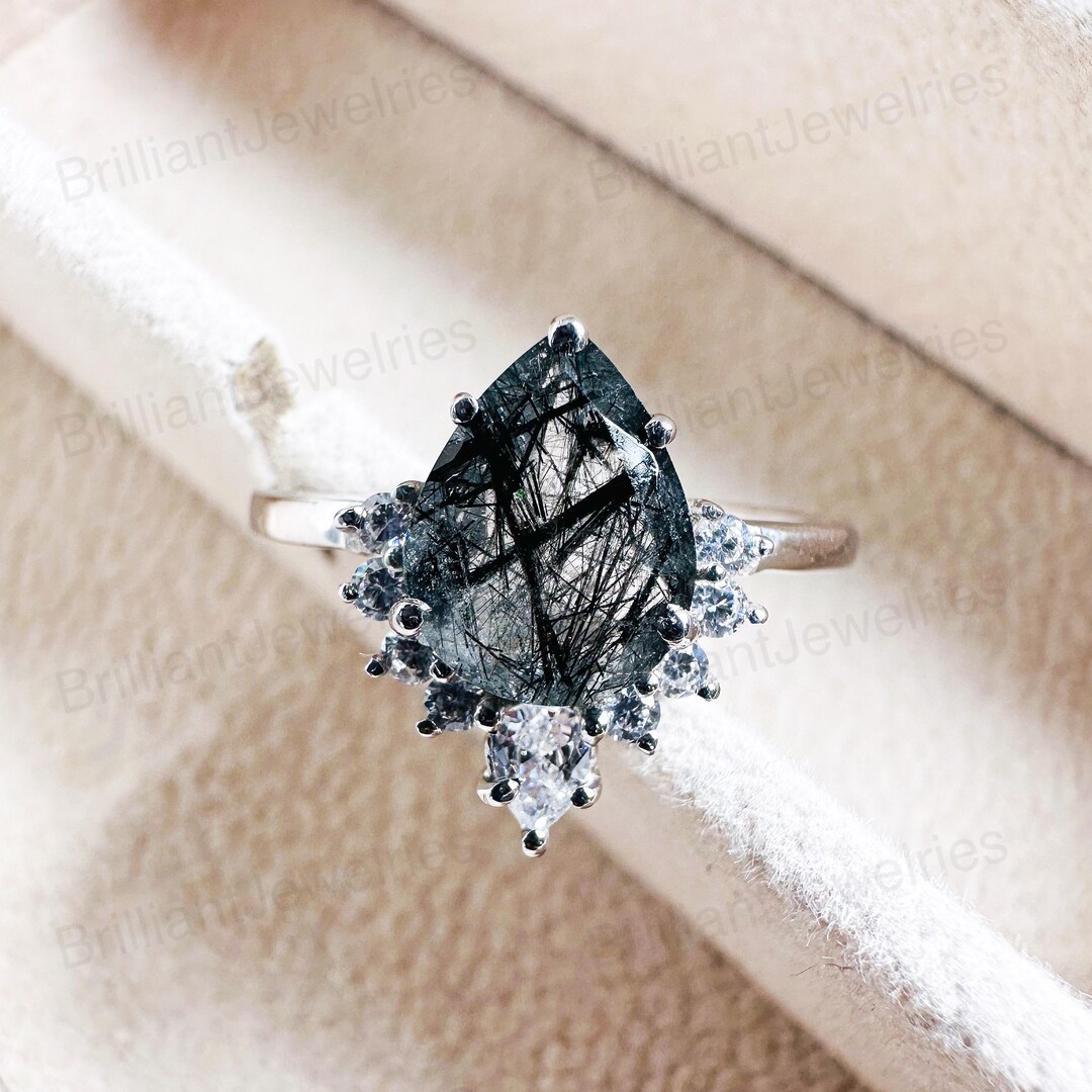 Natural Black Rutile Quartz Solitaire Ring-pear Cut Black Rutilated ...