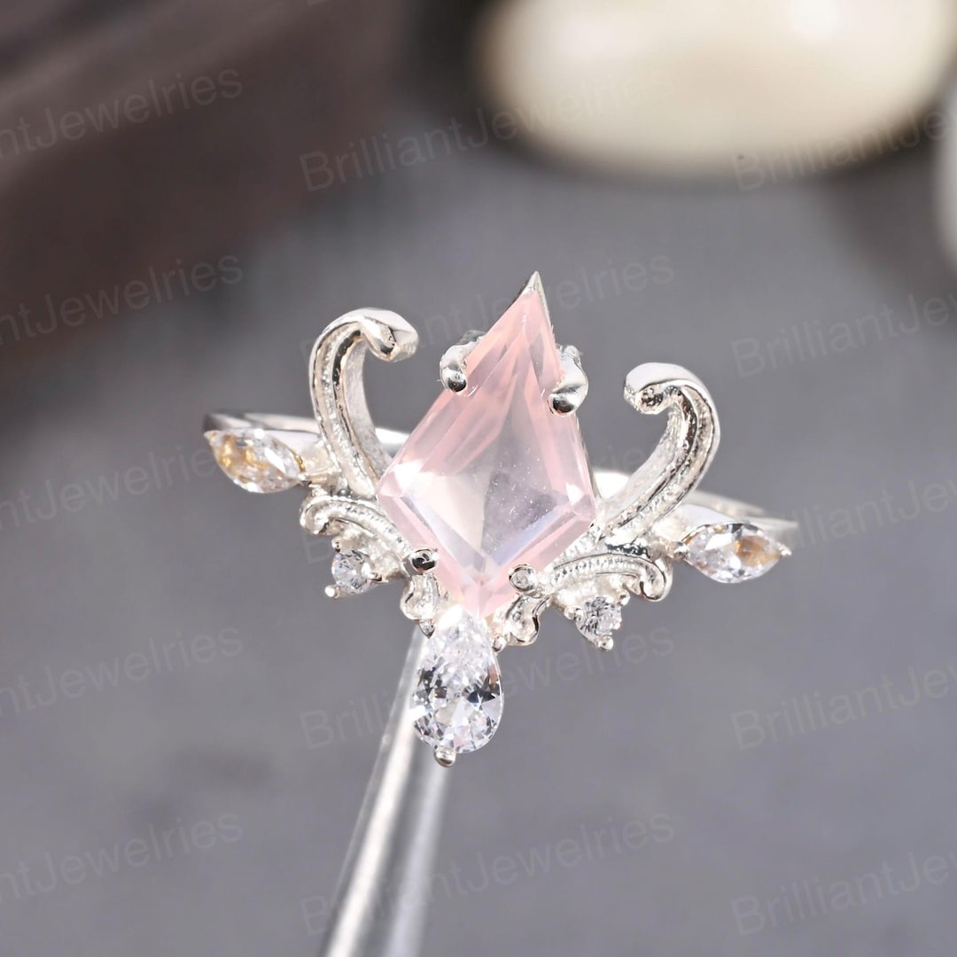 Rose Quartz Kite Ring - Sterling Silver Crown Setting, Diamond Accents ...